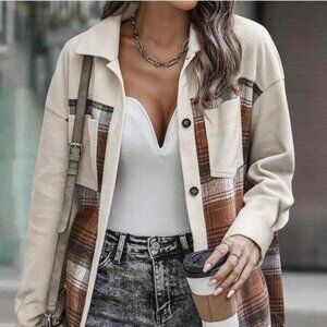 ELOOK | Jackets & Coats | Fleece Plaid Shirt Jacket Shacket Beige ...
